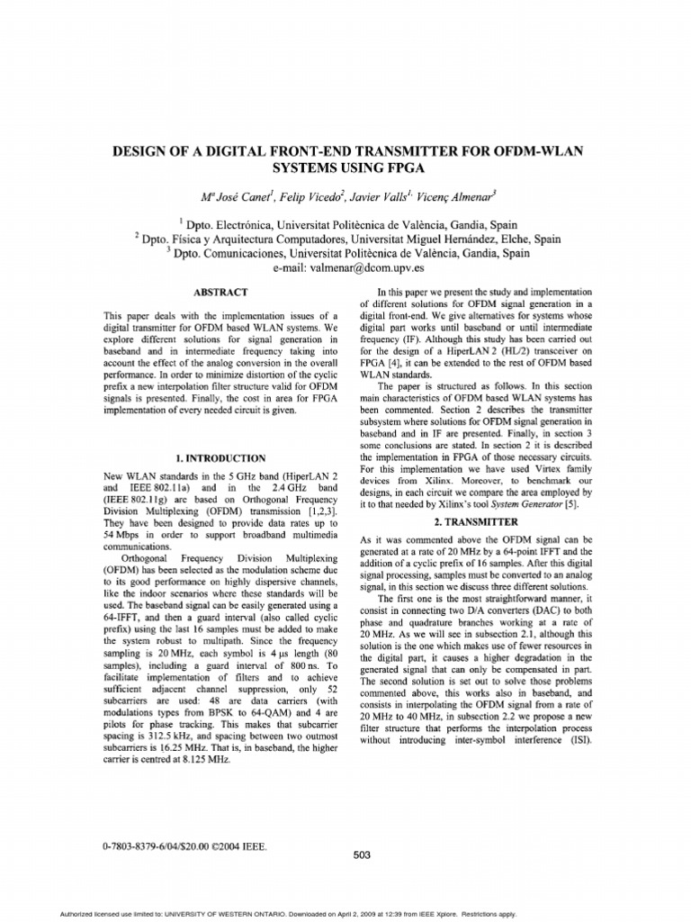 Design And Implementation Of An Ofdm Digital Front End Transmitter For Wireless Lan Systems 1898