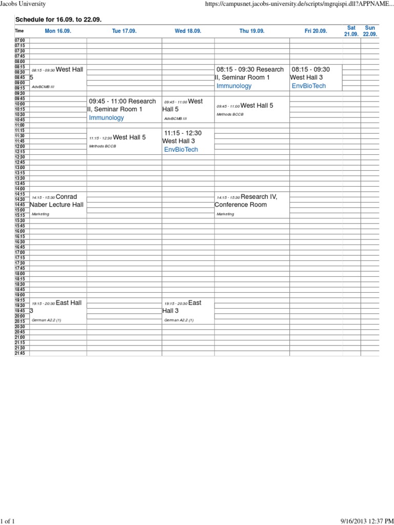 Jacobs University Weekly Schedule | PDF | Foreign Language Studies ...
