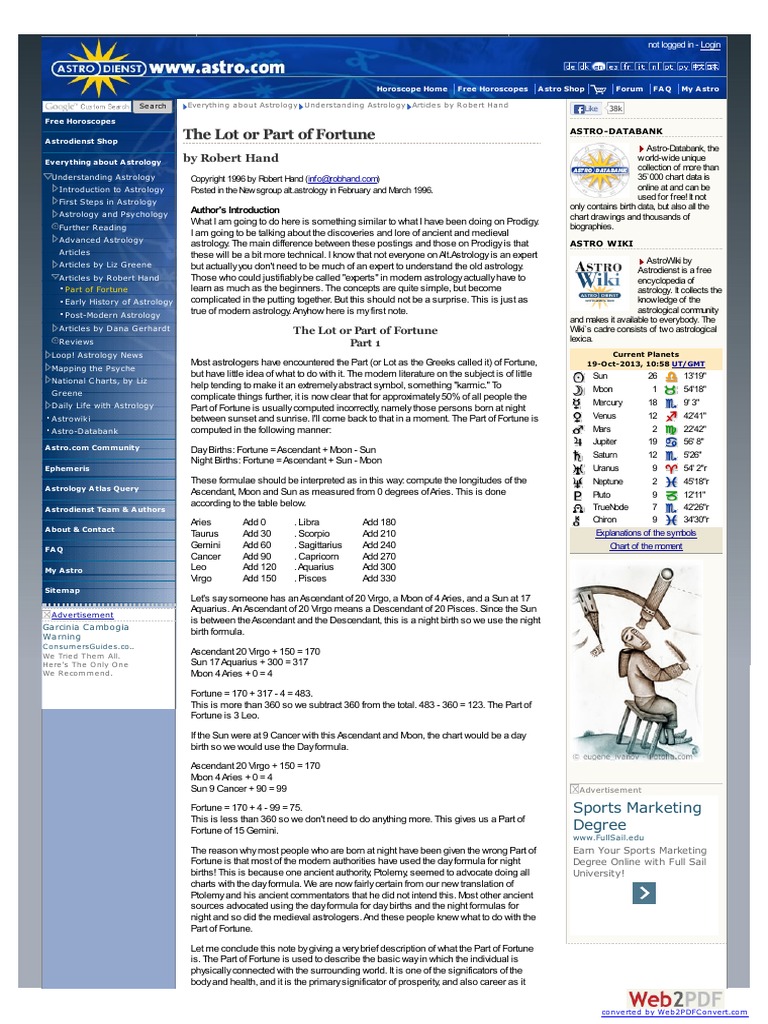 The Lot or Part of Fortune Robert Hand | PDF | Planets In Astrology ...