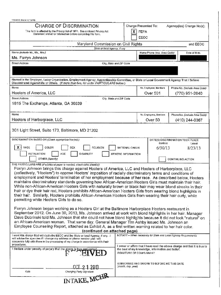 Farryn Johnson Hooters Complaint | PDF