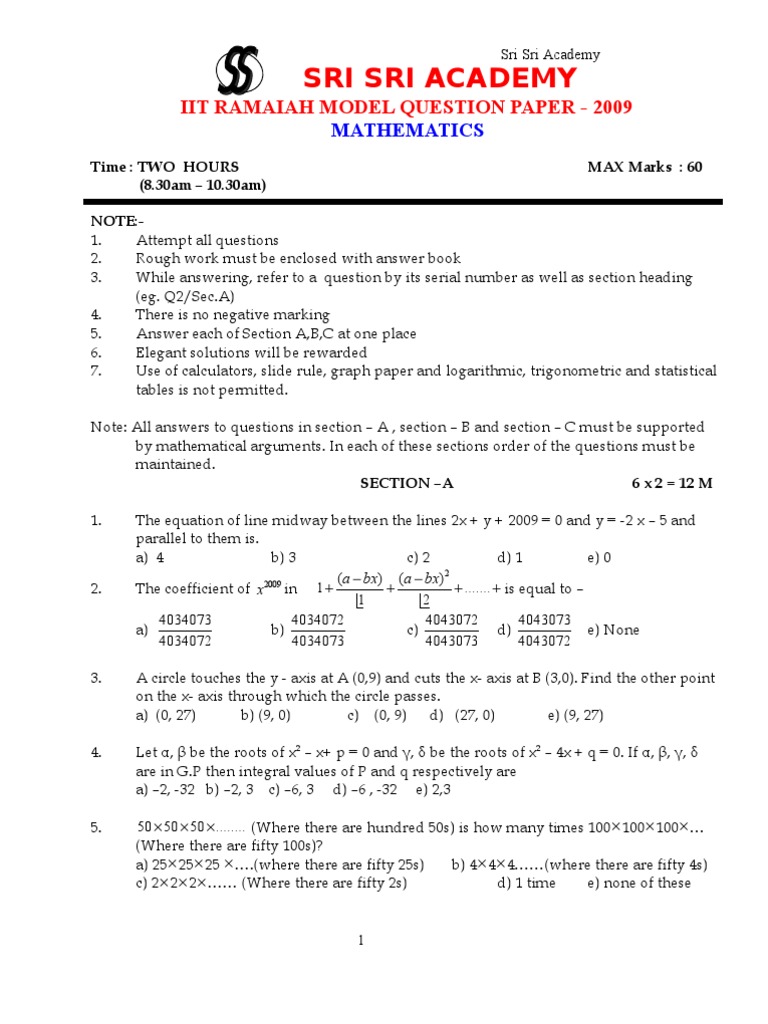 Sri Sri Academy: Iit Ramaiah Model Question Paper - 2009 | PDF ...
