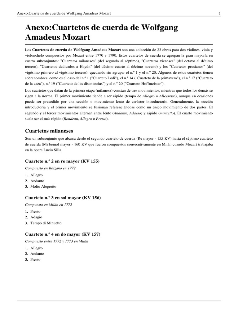 Anexo-Cuartetos de Cuerda de Wolfgang Amadeus Mozart | PDF