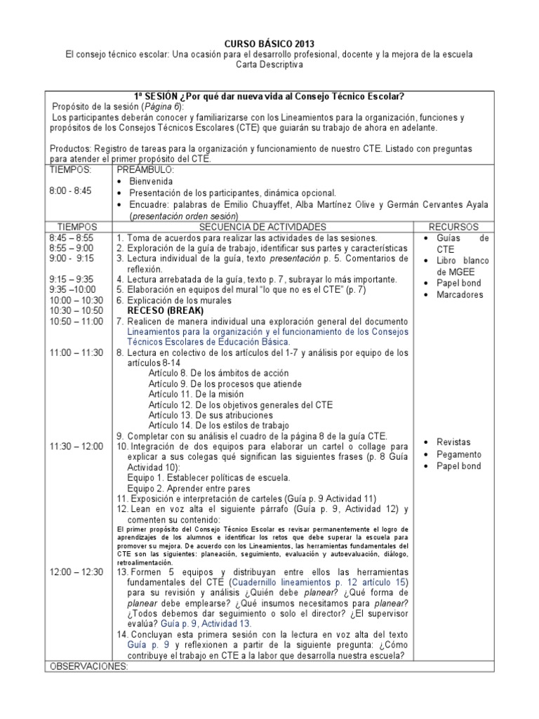 CTE Carta Descriptiva 1a-3a Sesi N | PDF | Lectura (proceso) | Maestros