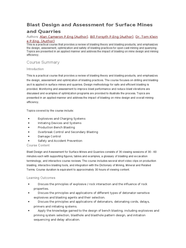 Blast Design and Assessment For Surface Mines and Quarries | PDF | Explosive Material | Explosion