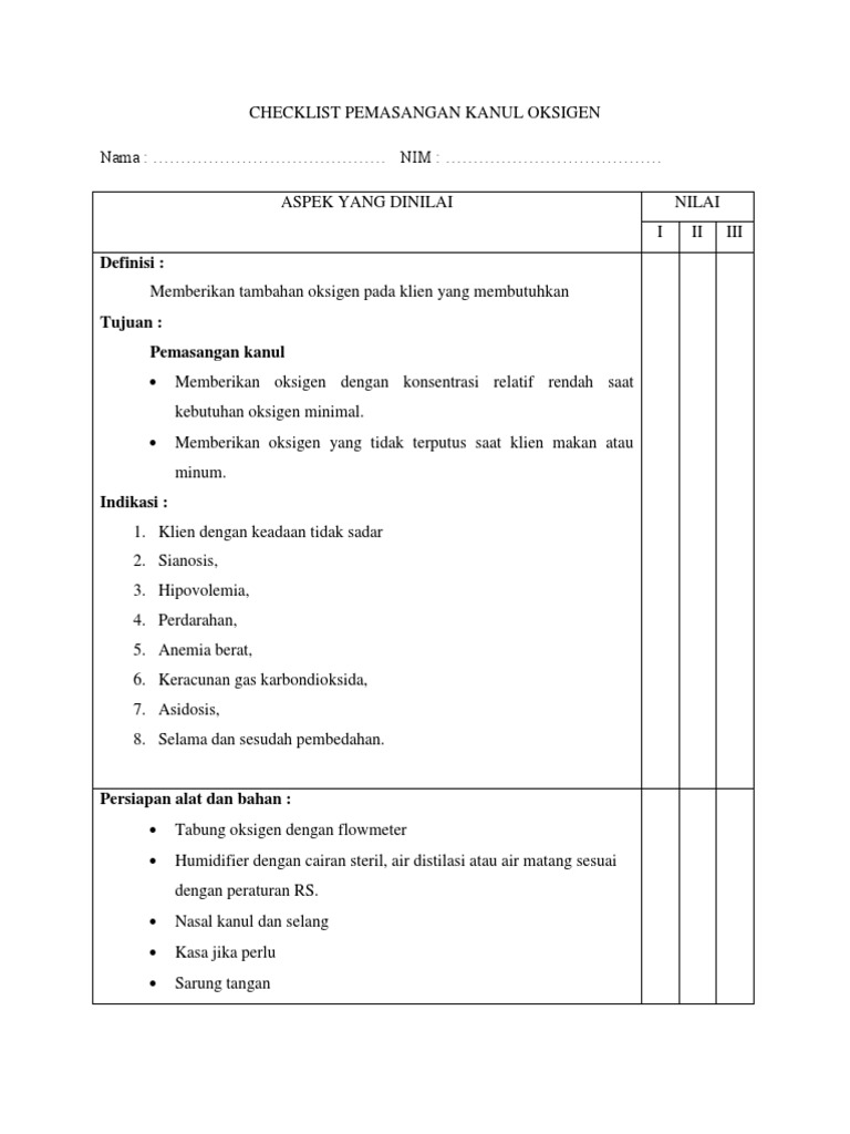 Checklist Pemasangan Kanul Oksigen | PDF