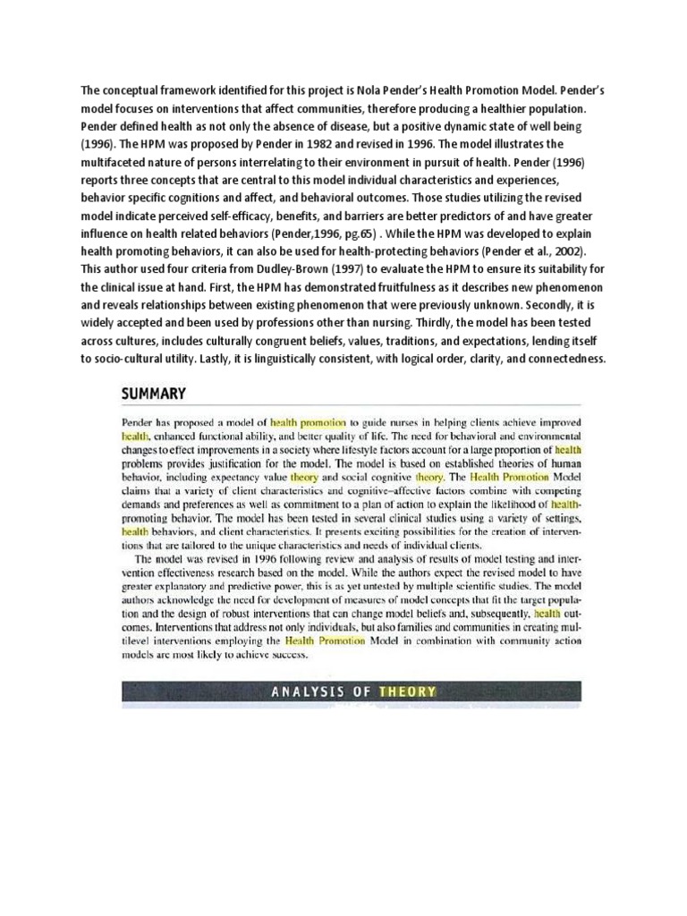 Nola Pender's Health Promotion Model Overview | PDF | Science & Mathematics