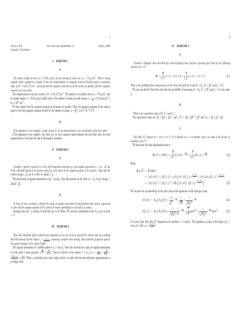 IV. Exercise 4: E1 H E2 H | PDF | Wave Function | Spin (Physics)