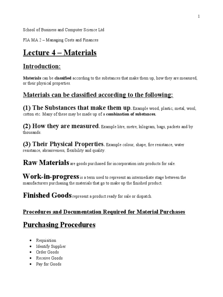 Lecture 4 - Materials | PDF | Inventory | Stocks