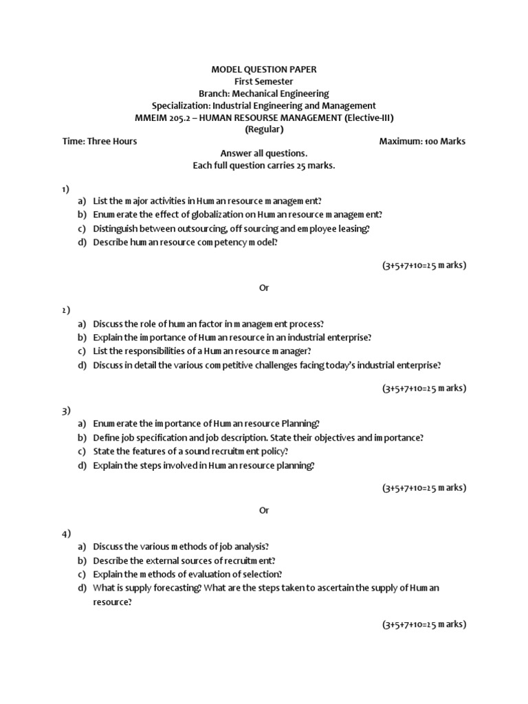 MODEL QUESTION PAPER For HRM | Human Resource Management | Performance ...