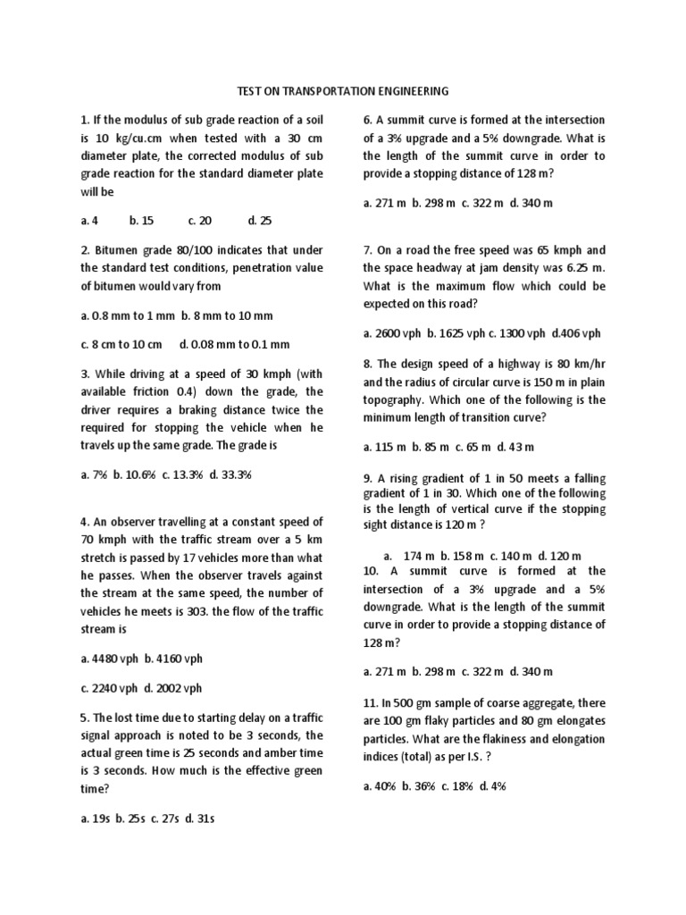 Transportation Engineering Exam Questions | PDF | Traffic | Speed