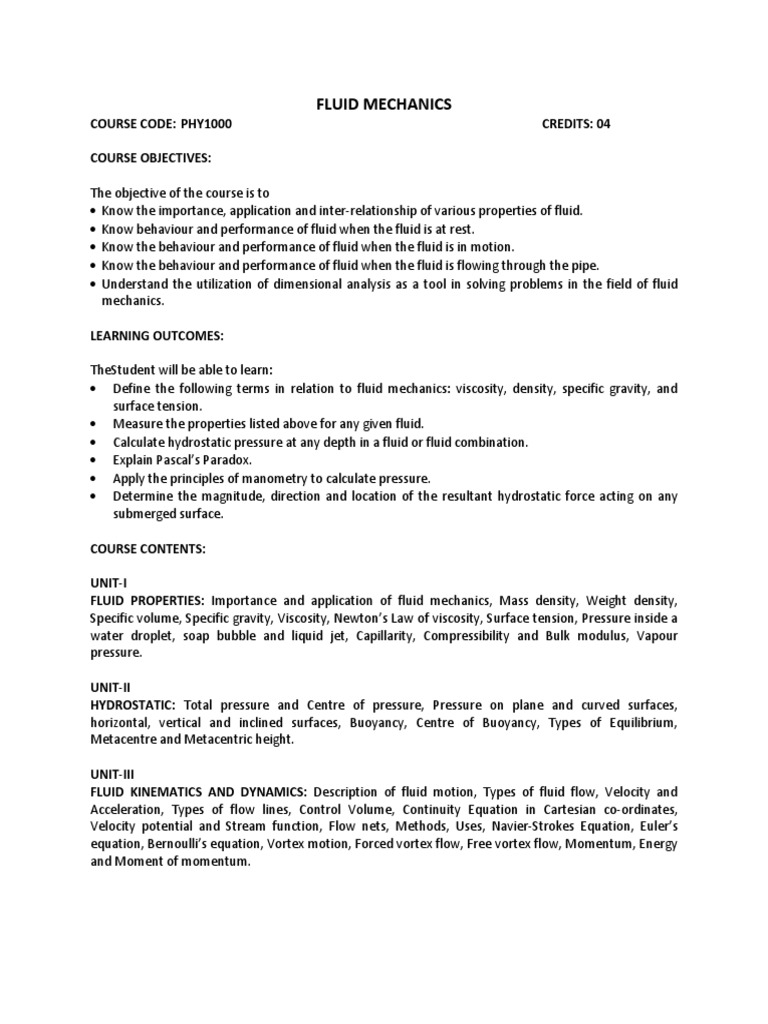Fluid Mechanics Course Overview | PDF | Fluid Dynamics | Pressure