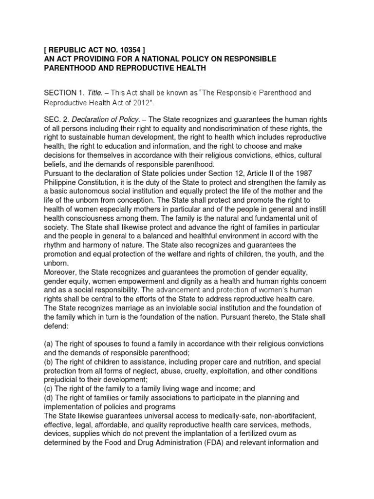 RA 10354 Provides for National Policy on Responsible Parenthood | PDF ...