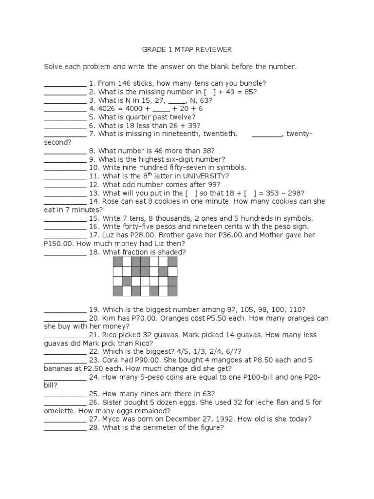 Grade 1 Mtap Reviewer PDF | PDF | Teaching Mathematics