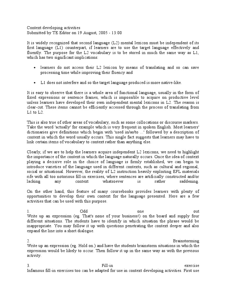 Context Developing Activities | PDF | Second Language | Lexicon