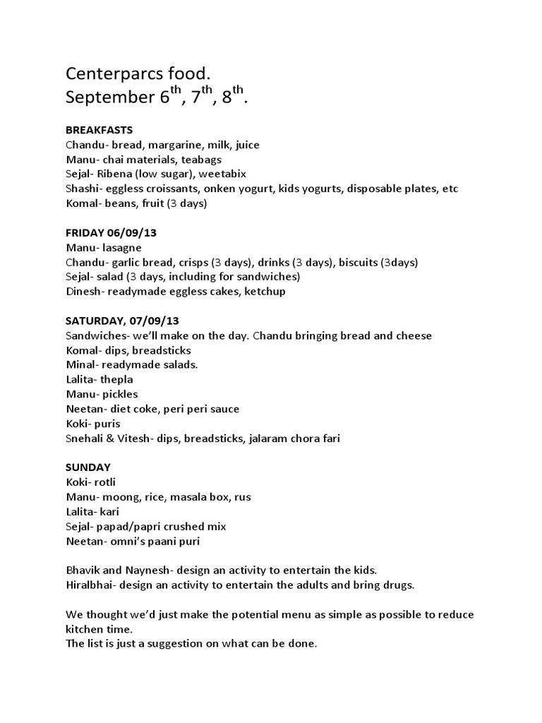Centerparcs Food Menu and Planning Guide | PDF