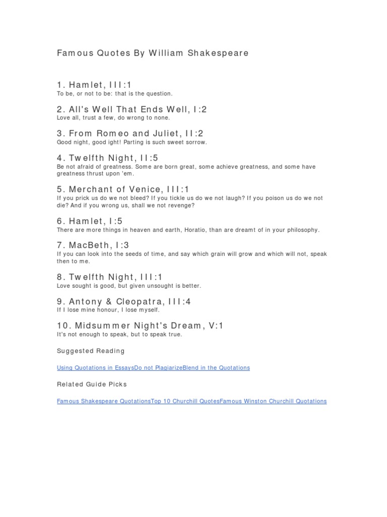Notable Quotes by William Shakespeare | PDF | William Shakespeare | Plays