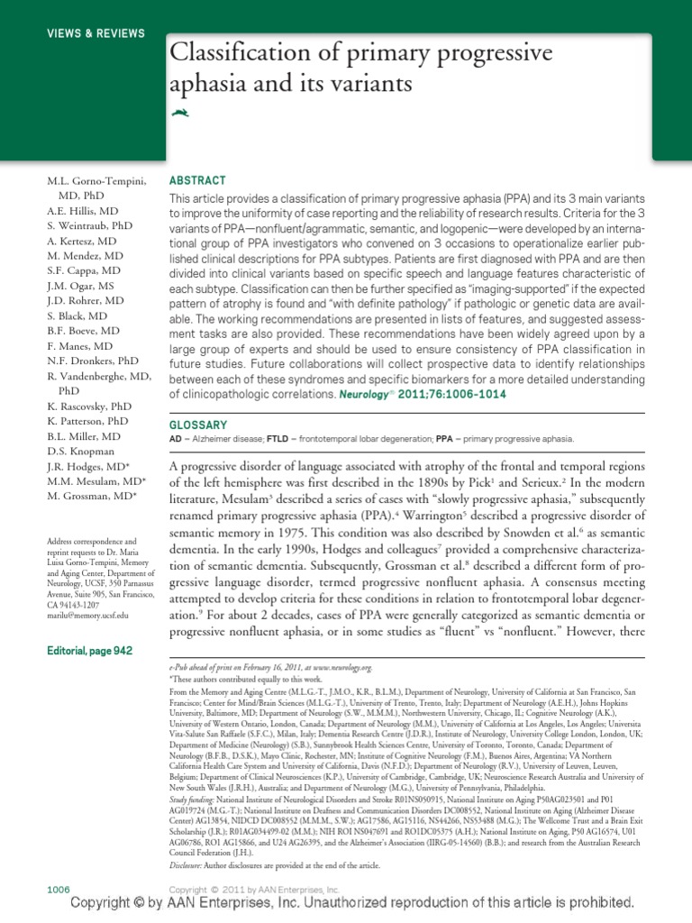 Classification of Primary Progressive Aphasia and Its Variants | PDF