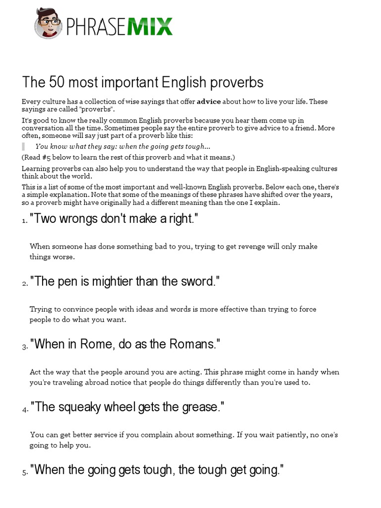 The 50 Most Important English Proverbs - PhraseMix PDF | PDF