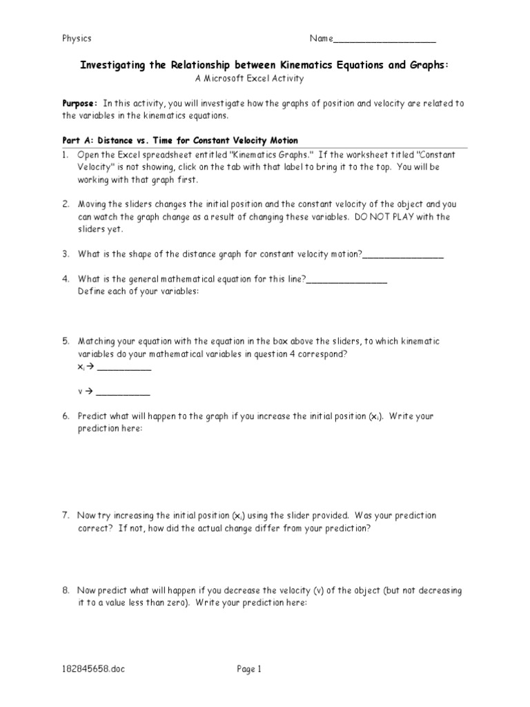 Kinematics Graphs Worksheet | Download Free PDF | Velocity | Variable ...