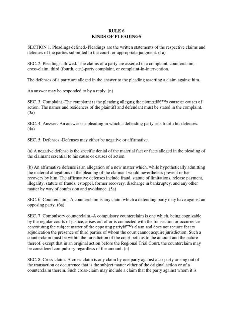 Kinds of Pleadings PDF | PDF | Pleading | Cause Of Action