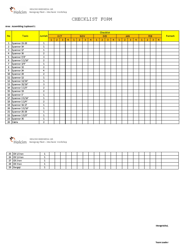 Checklist Form | PDF | Tools | Measuring Instrument