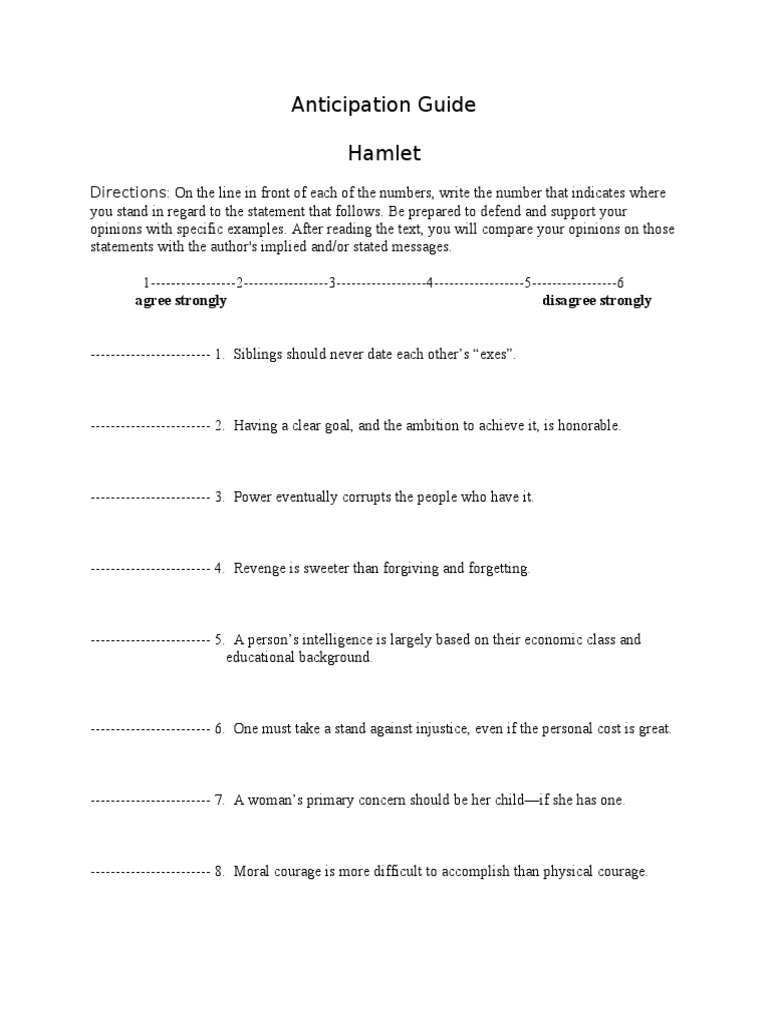 Hamlet Anticipation Guide Questions | PDF | Teaching Methods ...