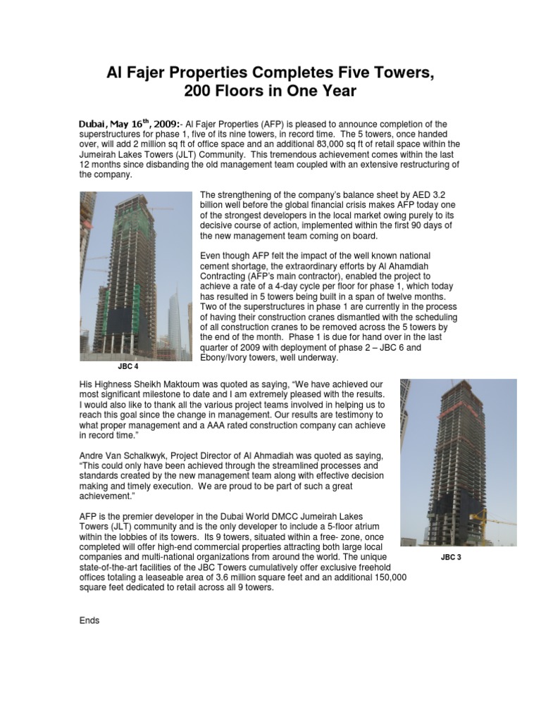 Al Fajer Properties Completes 5 Towers | PDF | United Arab Emirates ...