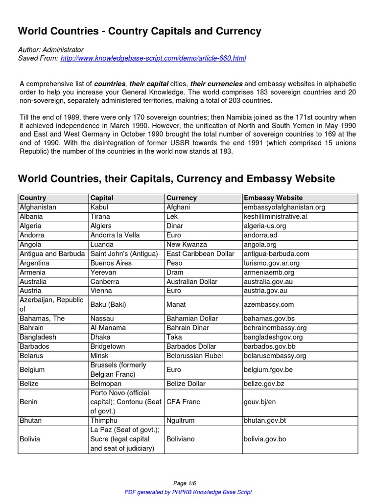 World Countries - Country Capitals and Currency PDF | PDF | Economy Of ...