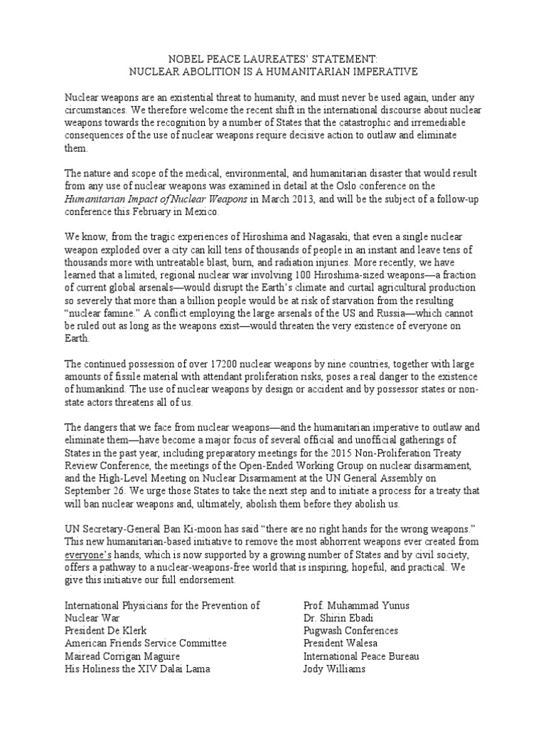 Nobel Peace Laureates' Statement: Nuclear Abolition Is A Humanitarian ...