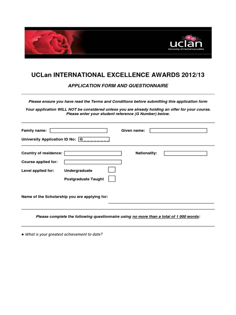 Application Form and Questionnaire-Uclan | PDF | University ...