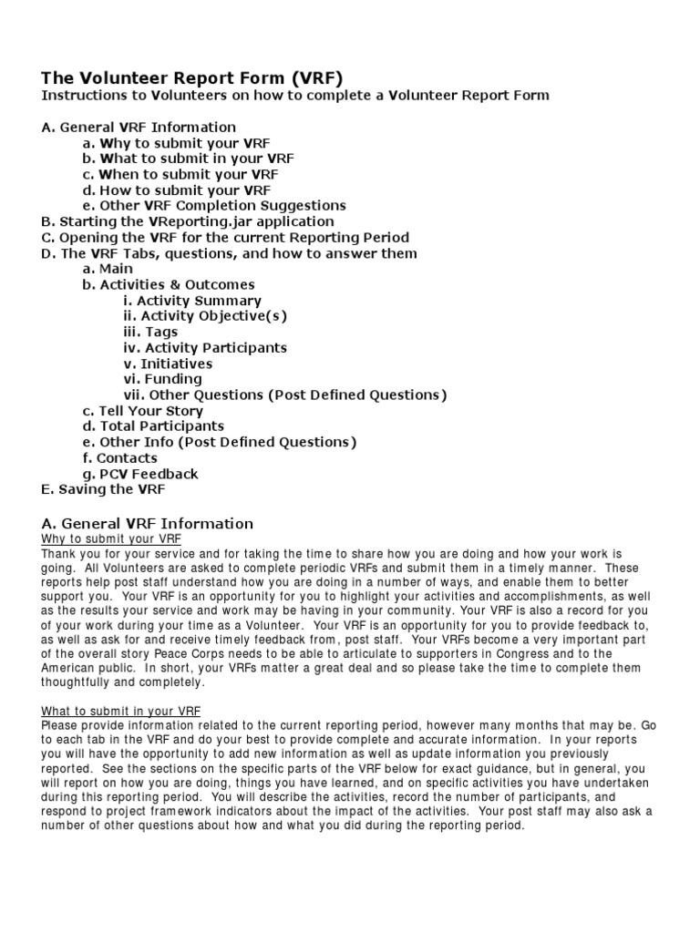 Peace Corps The Volunteer Report Form (VRF)Instructions to Volunteers ...