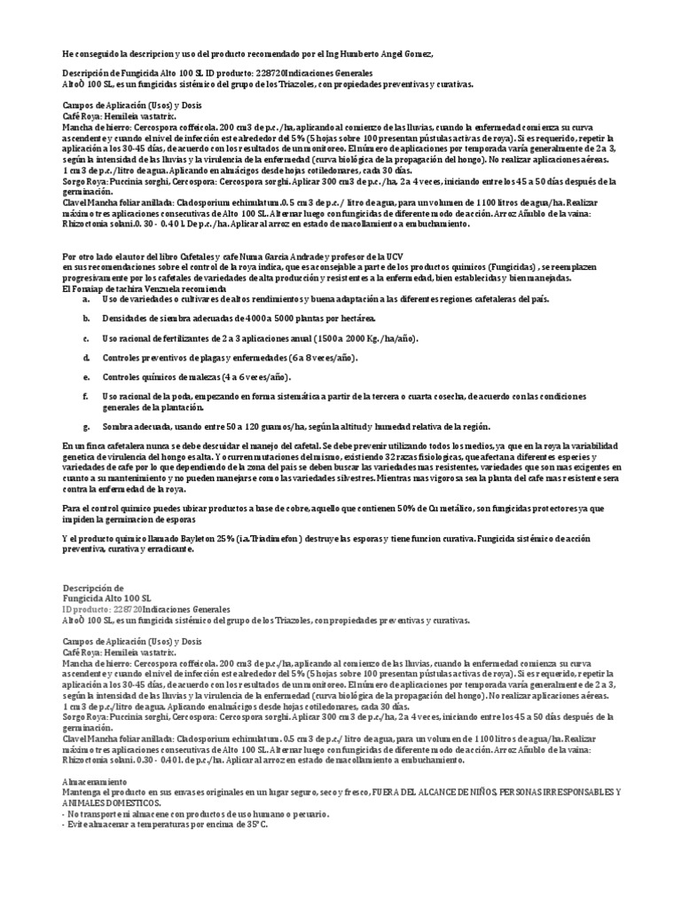 Uso y Dosis del Fungicida Alto 100 SL | PDF | Fungicida | café