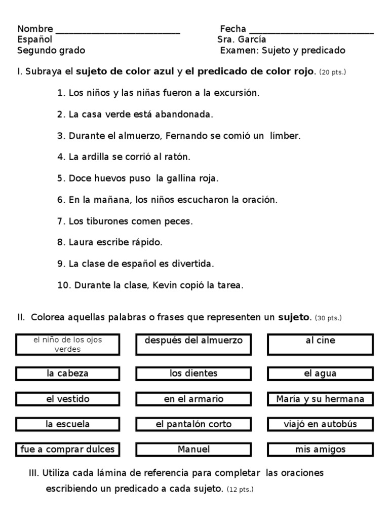 Examen Sujeto y Predicado | PDF | Artes del Lenguaje y Comunicación