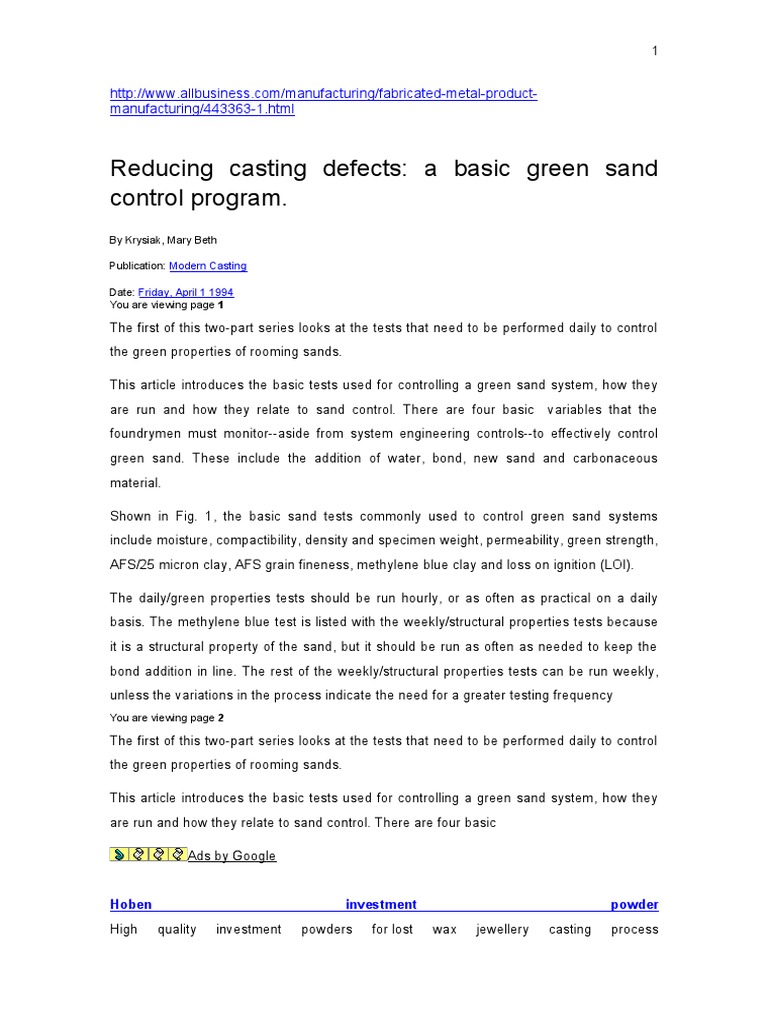 Reducing Casting Defects - A Basic Green Sand Control Program | PDF ...