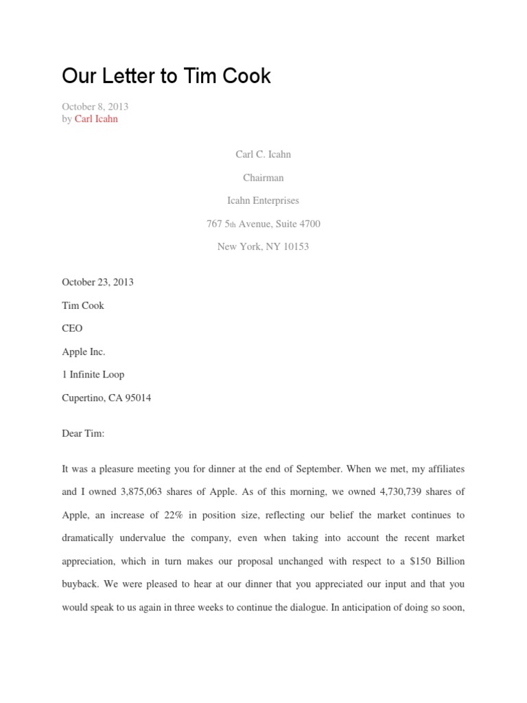 Carl Icahn's Letter To Apple's Tim Cook | PDF | Share Repurchase | Financial Markets