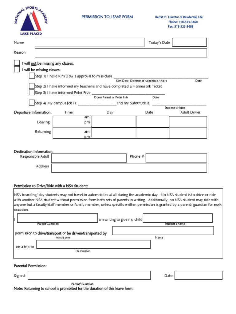 Permission to Leave Form for Students | PDF