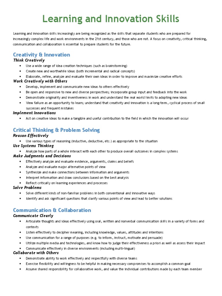 Learning and Innovation Skills | PDF | Creativity | Critical Thinking