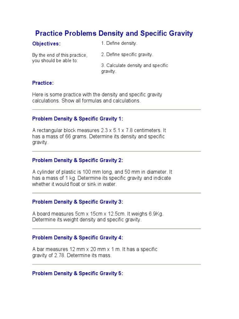 Density and Specific Gravity Practice | PDF