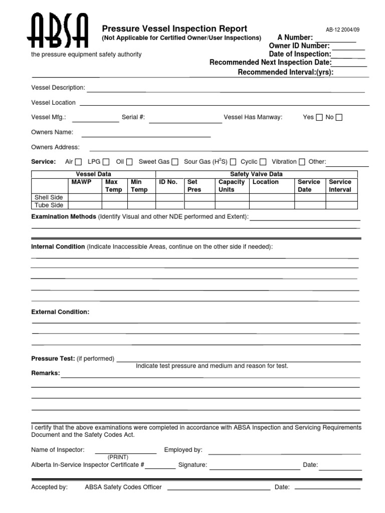 AB-012 Pressure Vessel Inspection Report | PDF