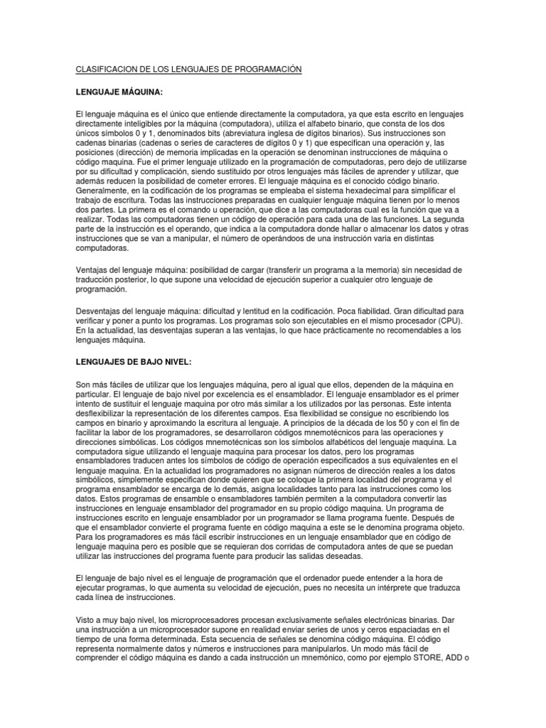 Clasificacion de Los Lenguajes de Programación | PDF | Lenguaje ...