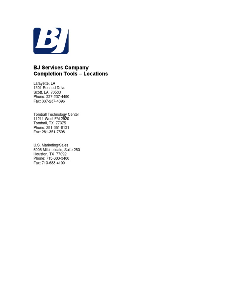 BJ Services Company Completion Tools - Locations | PDF