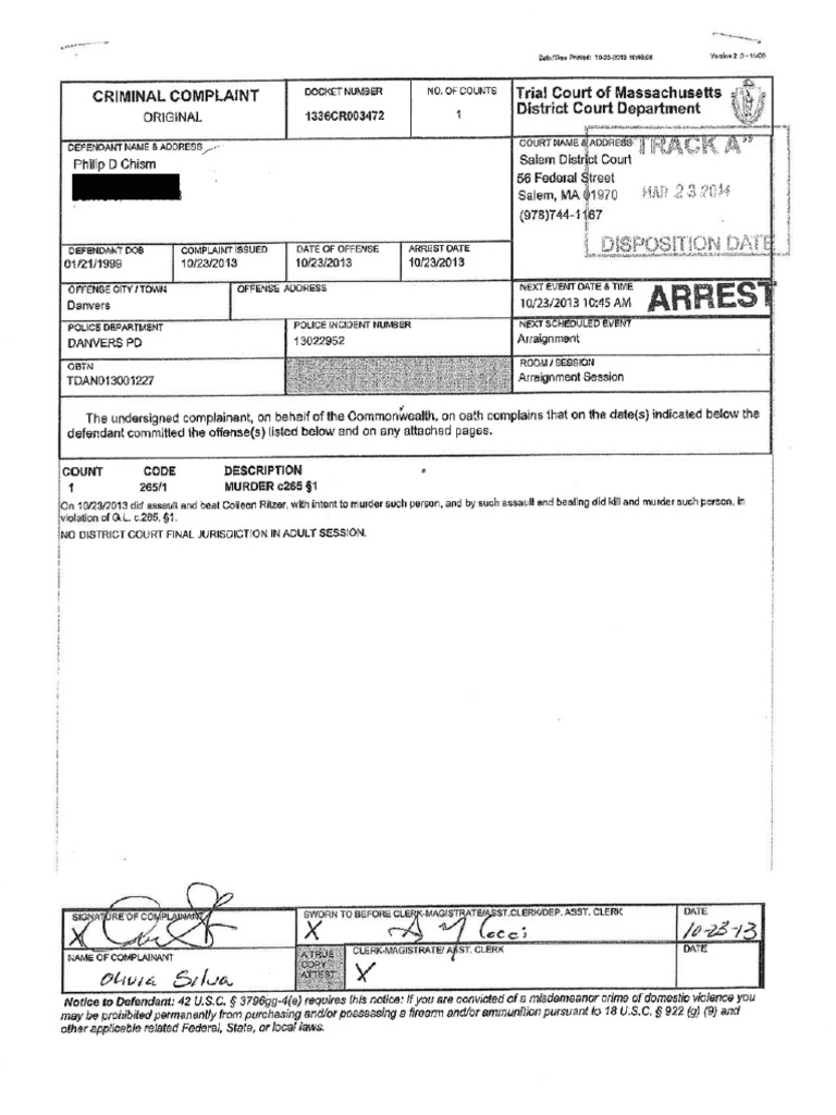 Philip Chism Arrest Report - The Murderer of Colleen Ritzer | PDF