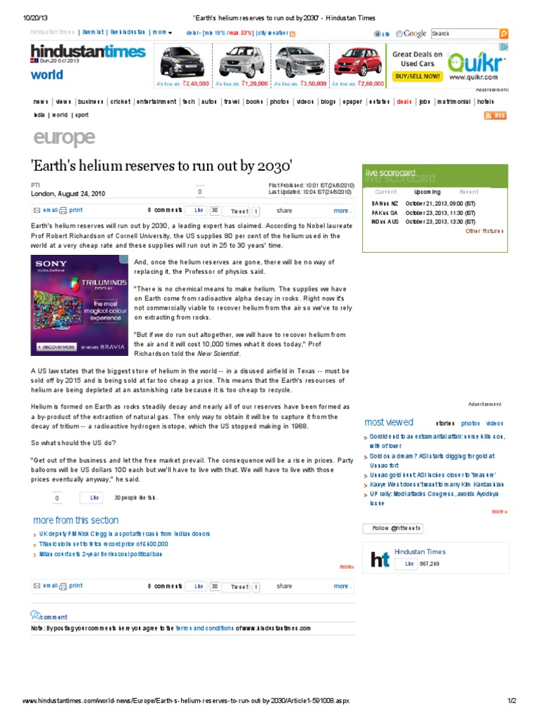 'Earth's Helium Reserves To Run Out by 2030' - Hindustan Times | PDF ...