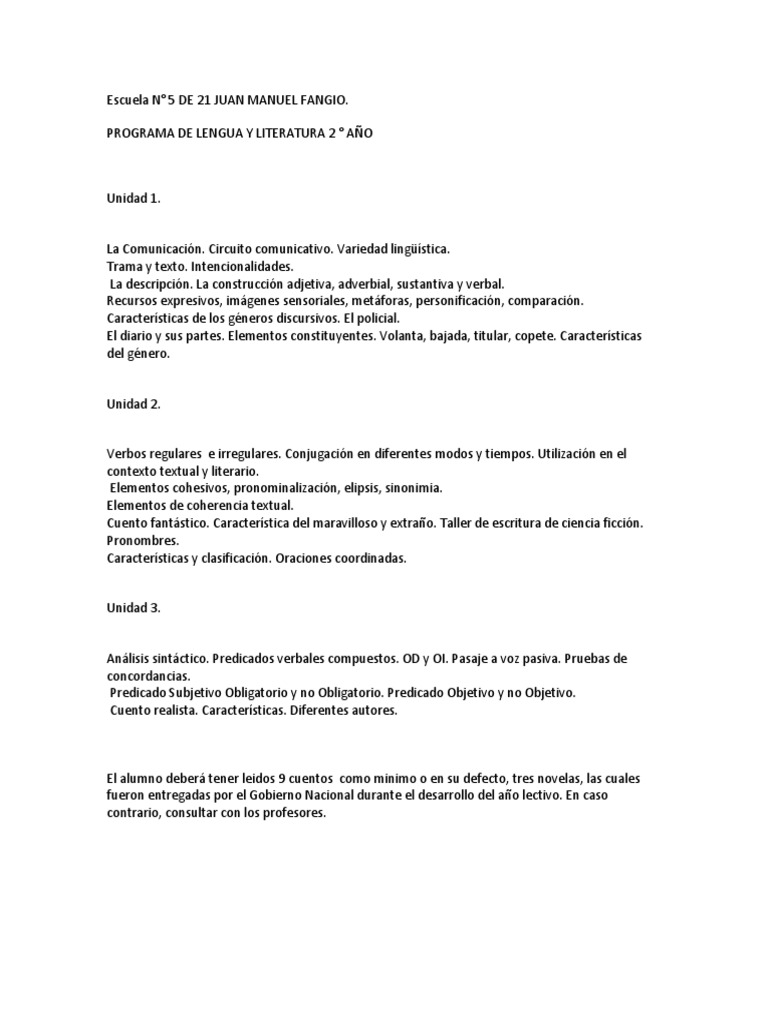 PROGRAMA de Lengua y Literatura 2do. AÑO | PDF