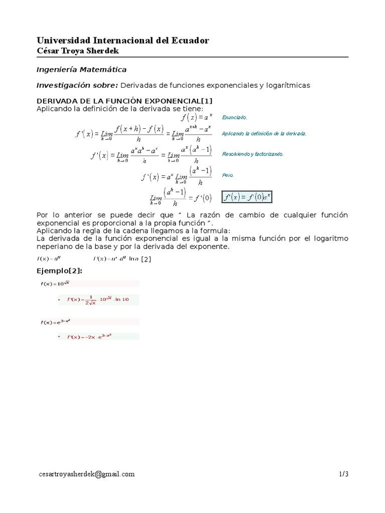Derivadas de Funciones Exponenciales y Logarítmicas | PDF | Funcion ...