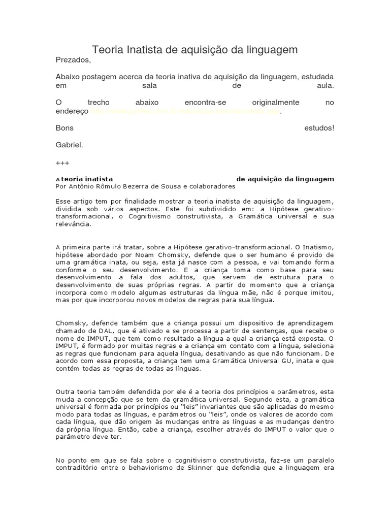 Teoria Inatista de Aquisição Da Linguagem | PDF | Noam Chomsky | Gramática