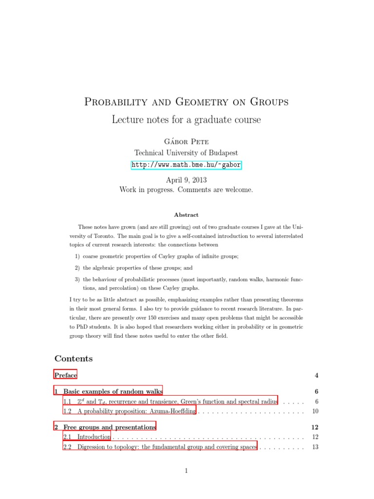 Probability and Geometry On Groups Lecture Notes For A Graduate Course ...