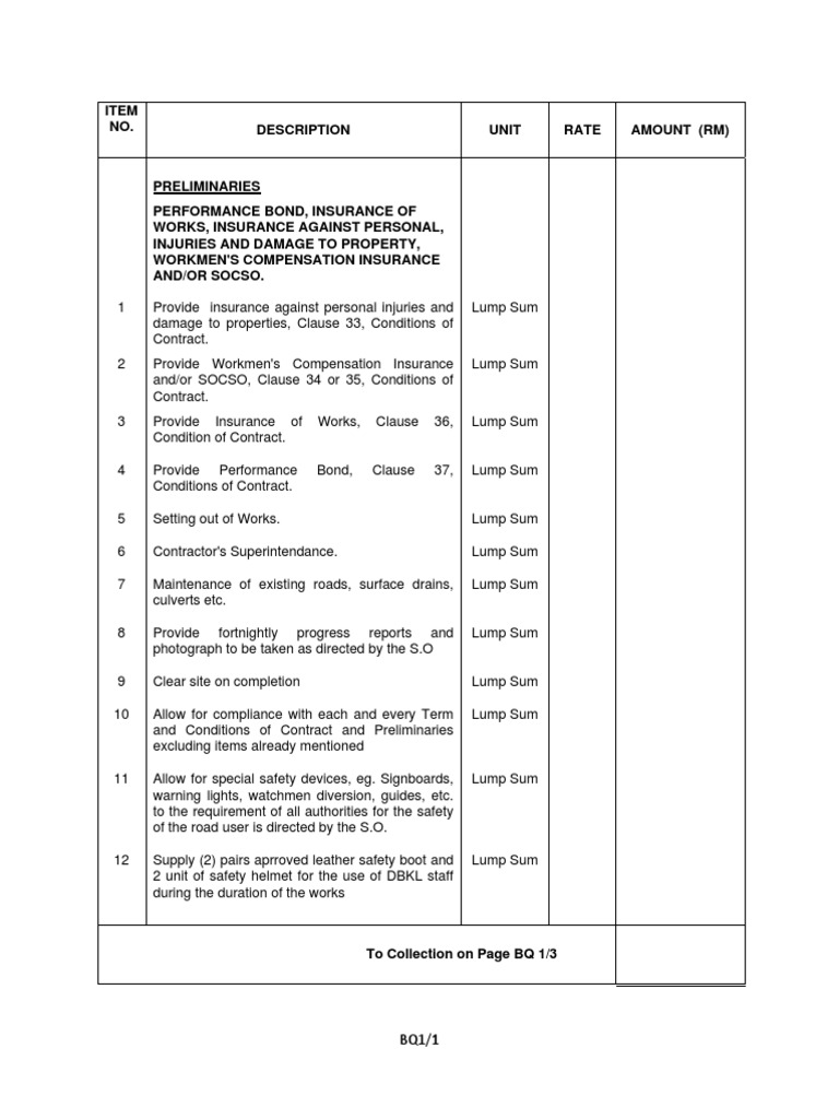 Bills of Quantities (Preliminaries Works) PDF | PDF