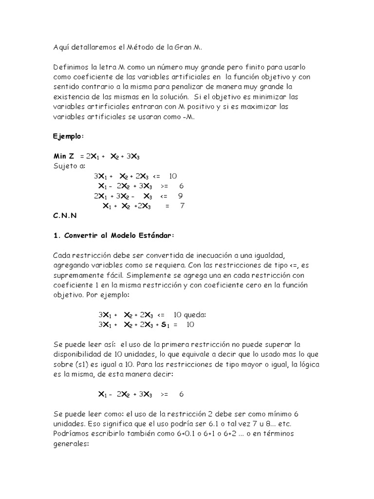 Método de la Gran M en Programación Lineal | PDF | Algoritmos | Álgebra