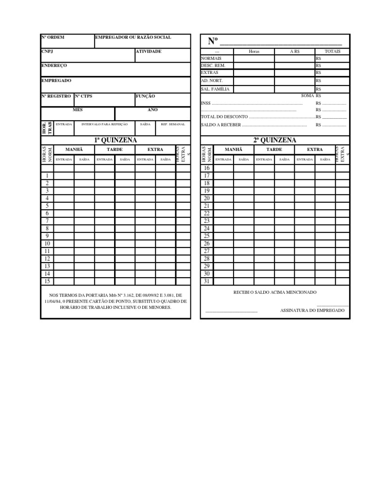 Cartão de Ponto - Modelo | PDF